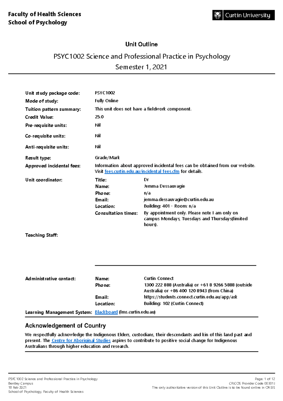 PSYC1002 Unit Outline: Science and Professional Practice in Psychology ...