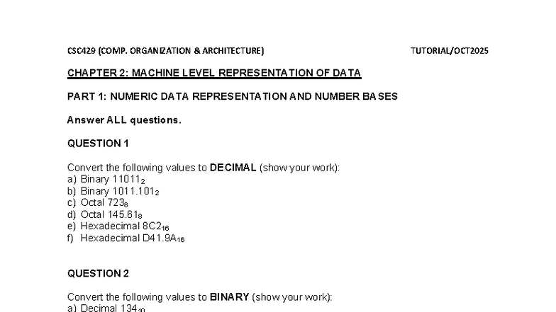 CSC429 Chapter 2: Machine Level Data Representation Notes - Studocu