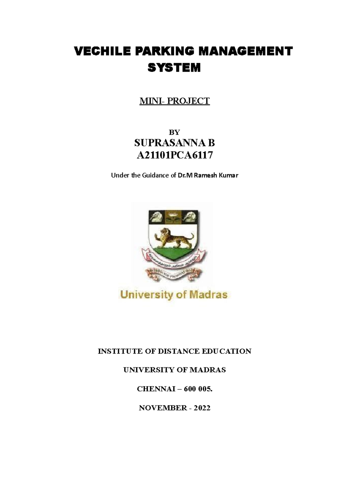 Vehicle Parking Management System - Mini Project A21101PCA - Studocu