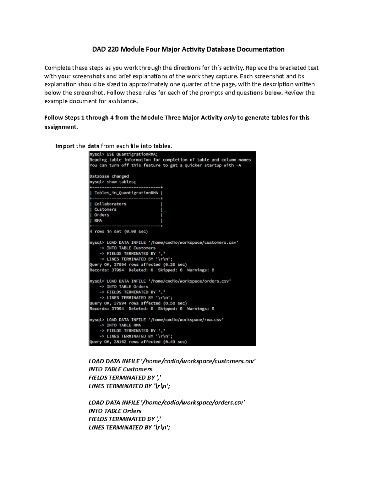 Dad 220 Module Four Major Activity Database Replace The Bracketed Text With Your Screenshots