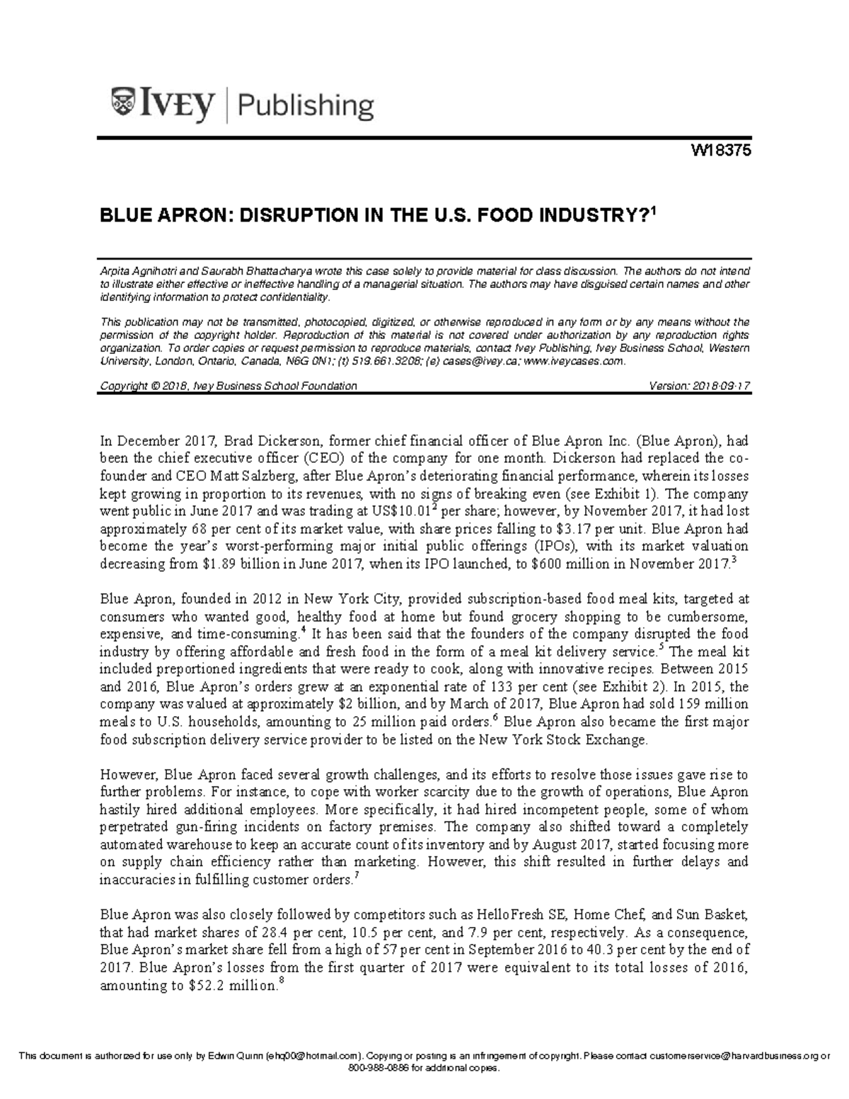 Blue Apron Disruption: A Case Study on Food Industry Challenges - Studocu