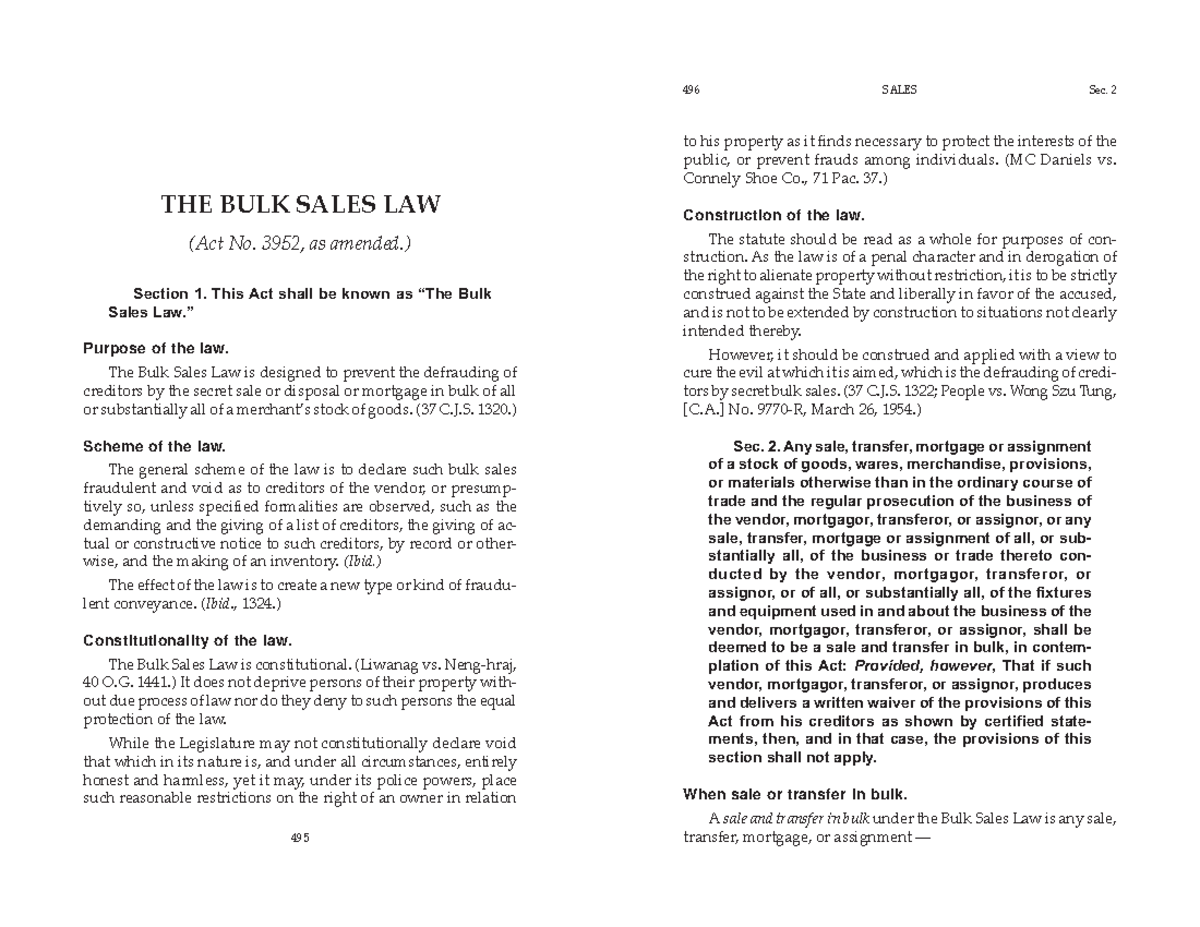 Bulk Sales Law Overview: Act No. 3952 Explained - Studocu