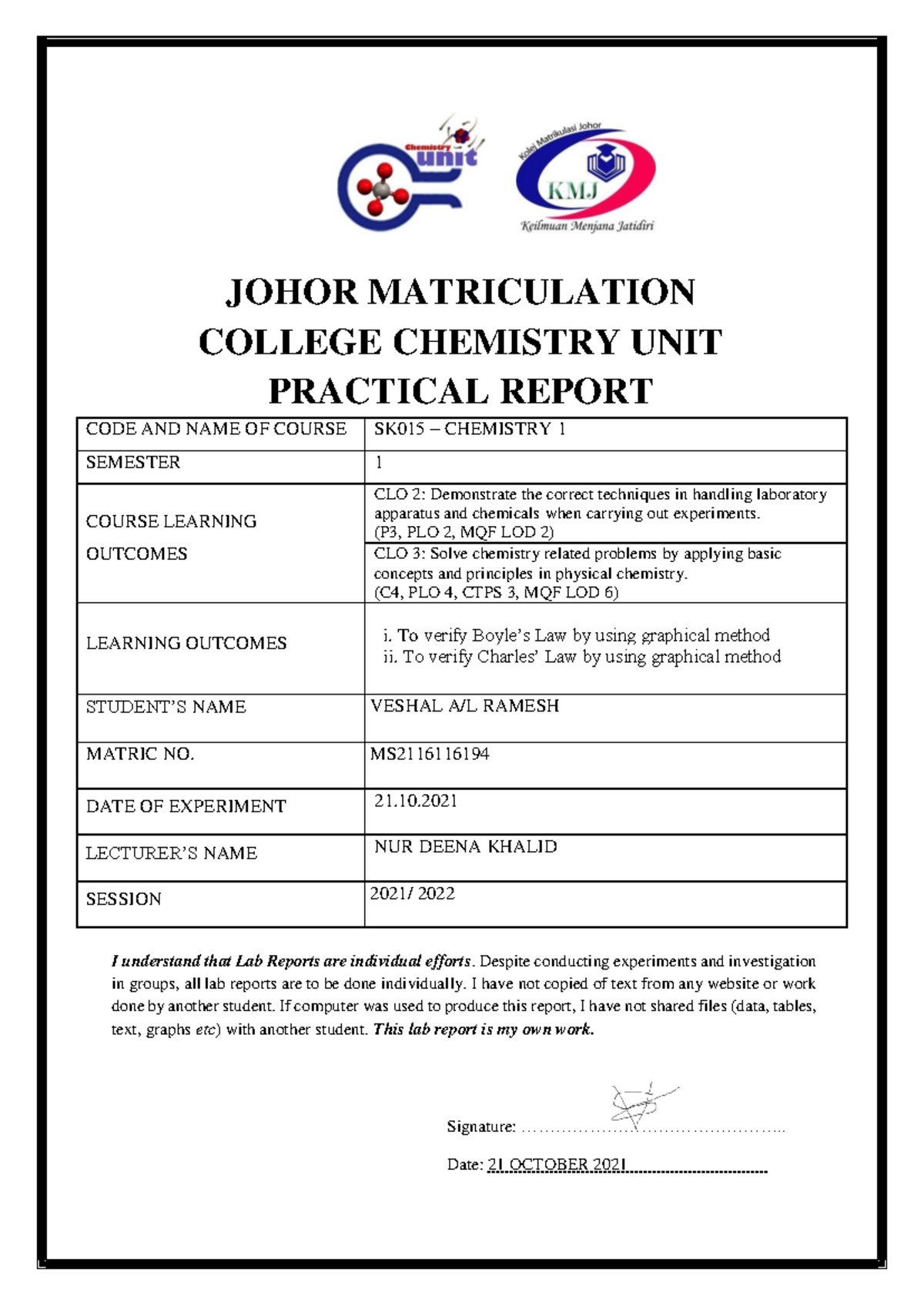 LAB Report SK015: Experiment 4 - Gas Laws Analysis - Studocu