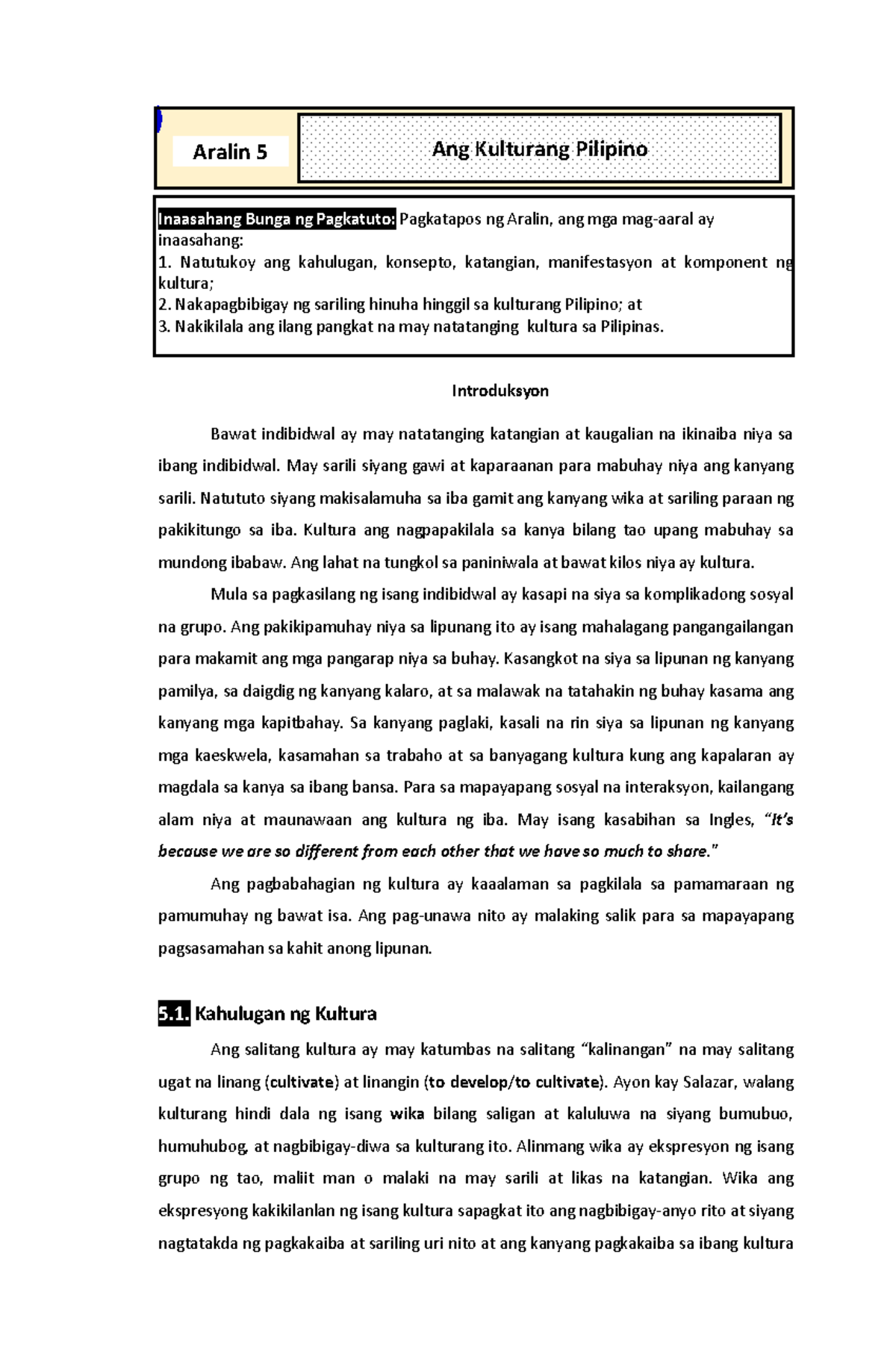 Ang Kulturang Pilipino - Inaasahang Bunga ng Pagkatuto: Pagkatapos ng ...