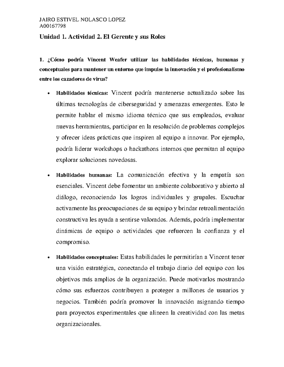 Unidad 1: Actividad 2 - El Gerente y sus Roles (A00167798) - Studocu