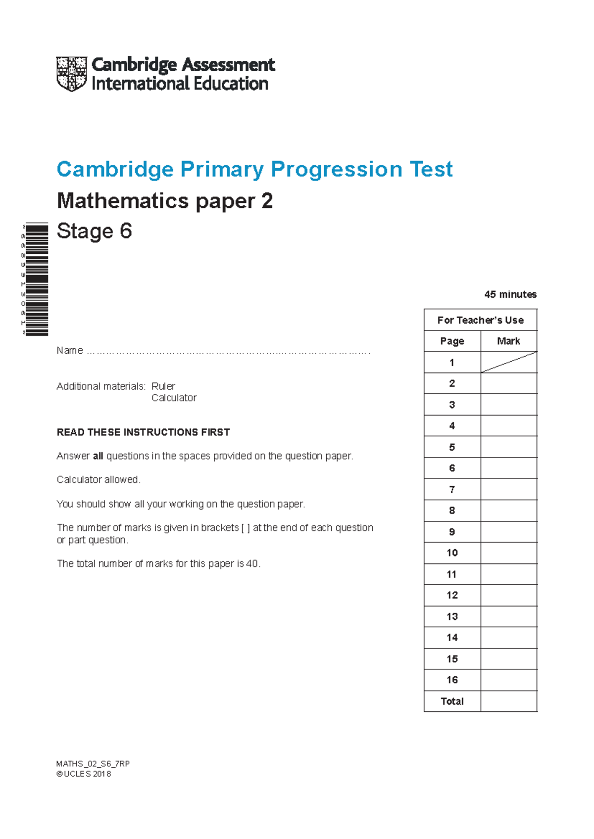 Cambridge Primary Progression Test Mathematics Paper 2 (Stage 6) - Studocu