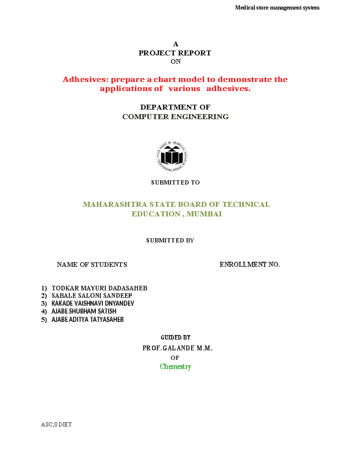 Medical Store Management System: Project Report on Adhesives ...