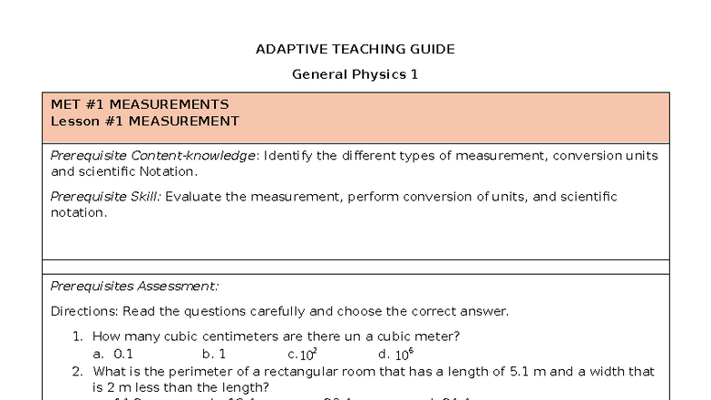 General Physics 1: Measurement Lesson Guide and Activities - Studocu