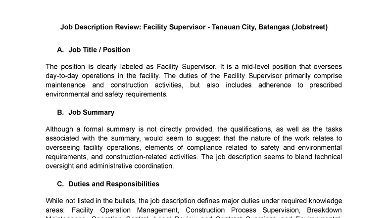 MGT121-1 Job Description Review: Facility Supervisor Role in Batangas ...