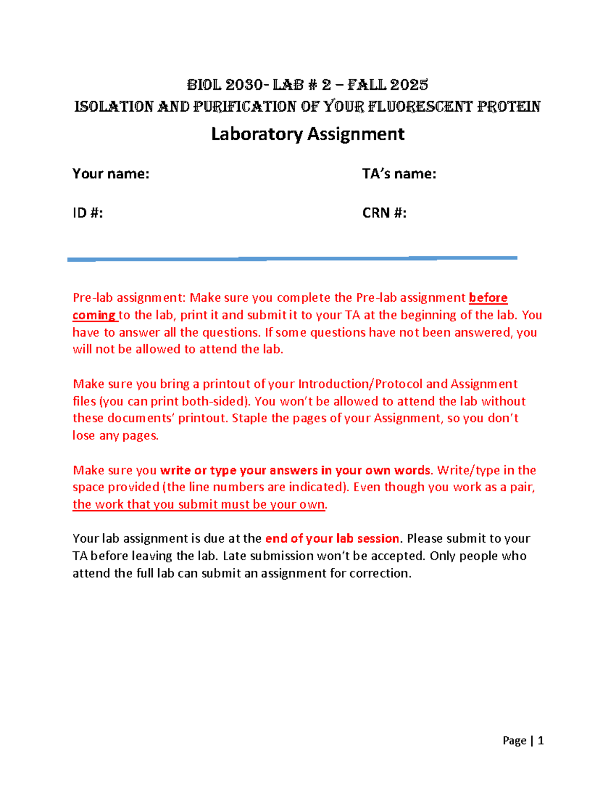 Biol 2030 - Lab 2: Fluorescent Protein Isolation Assignment - F2025 ...