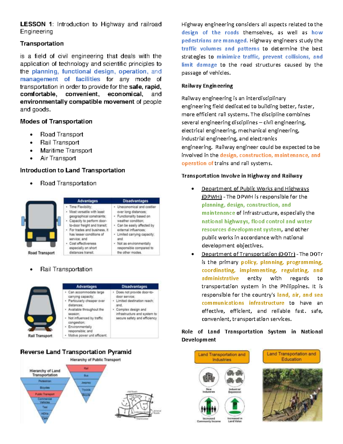 Lesson 1 HRE Reviewer - LESSON 1: Introduction to Highway and railroad ...