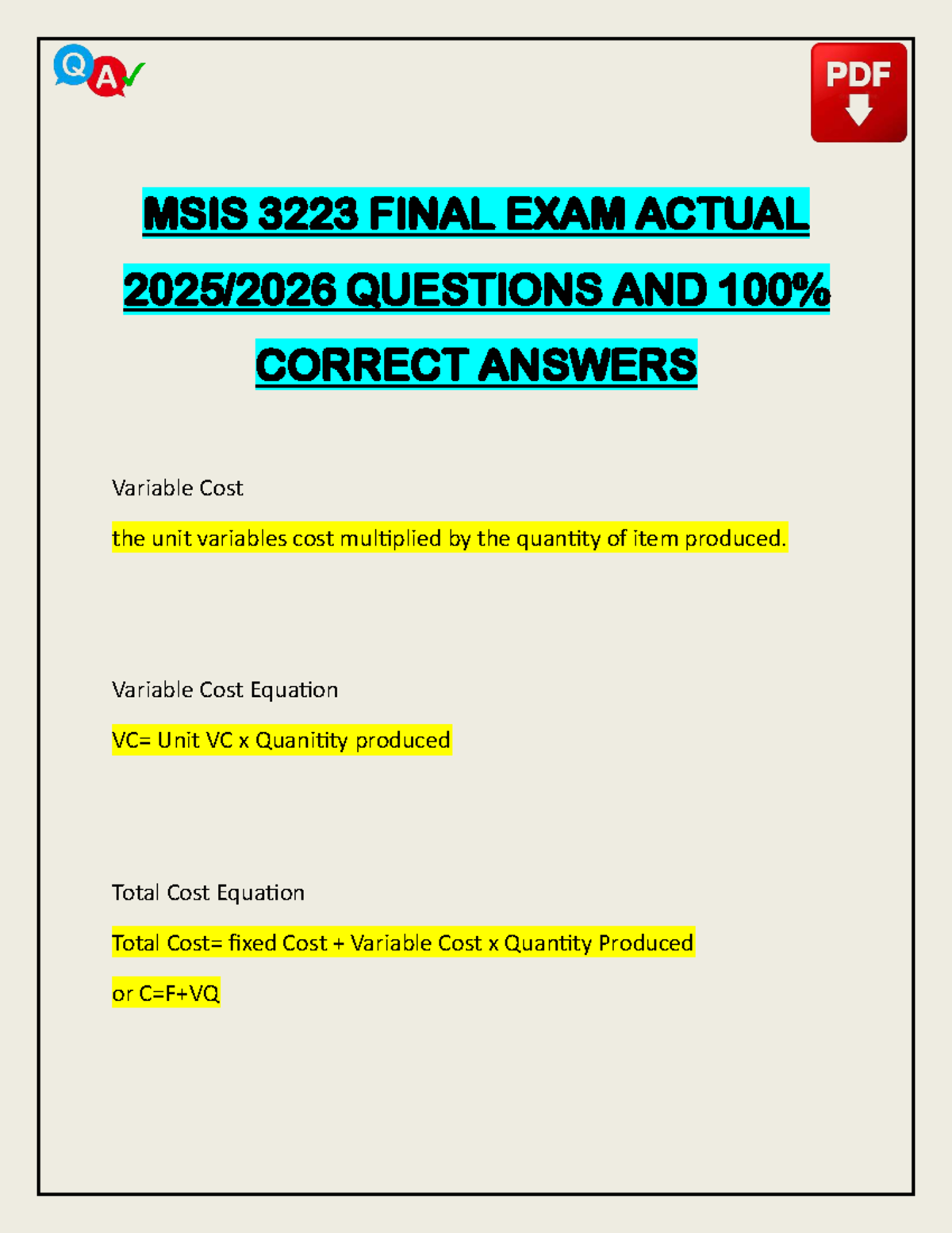 MSIS 3223 FINAL EXAM: Key Concepts and Formulas for Success - Studocu