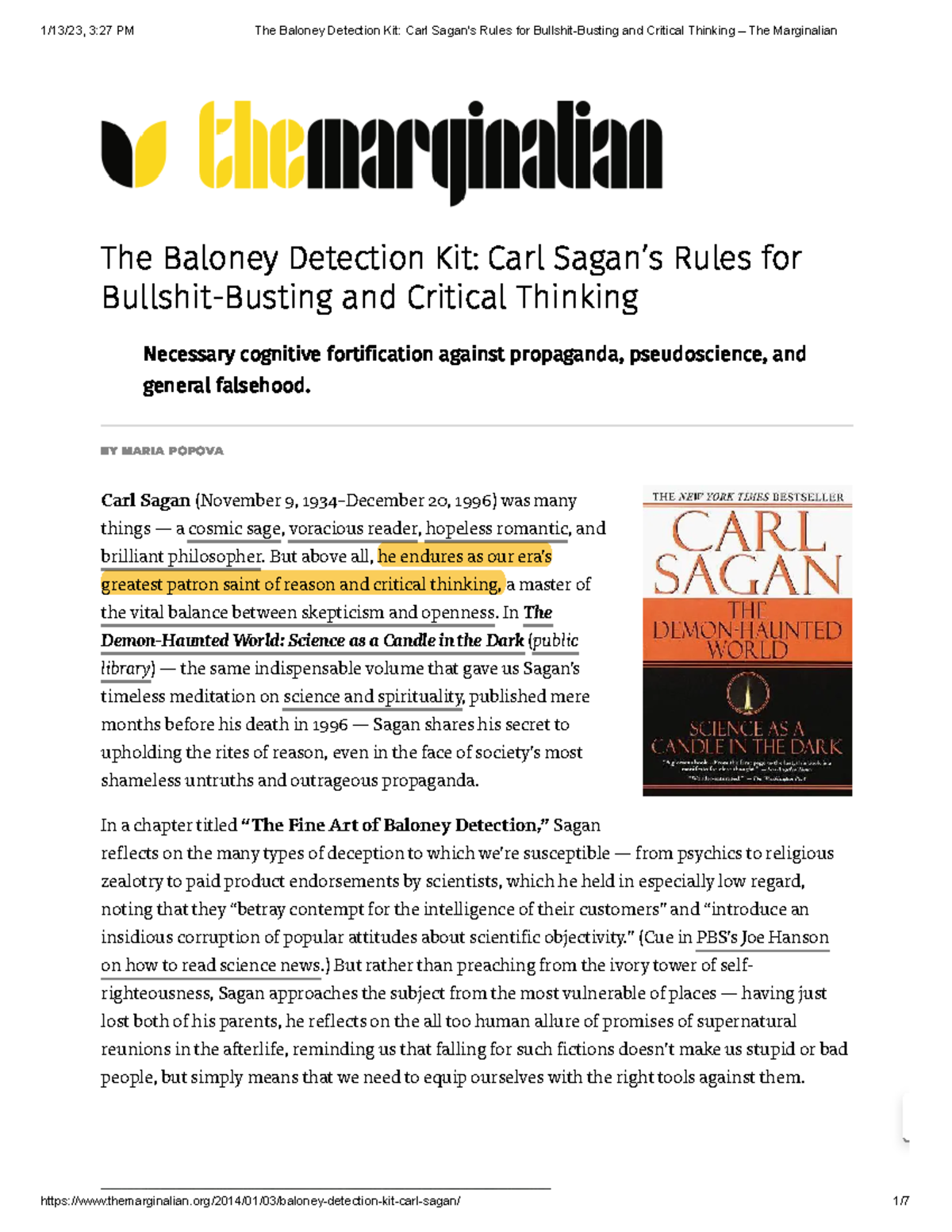Critical Thinking Reading 2 - The Baloney Detection Kit: Carl Sagan’s ...