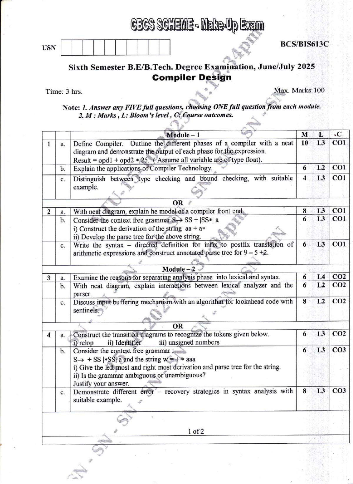 CS1016 - Sixth Semester Compiler Design Exam Questions (June-July 2025 ...