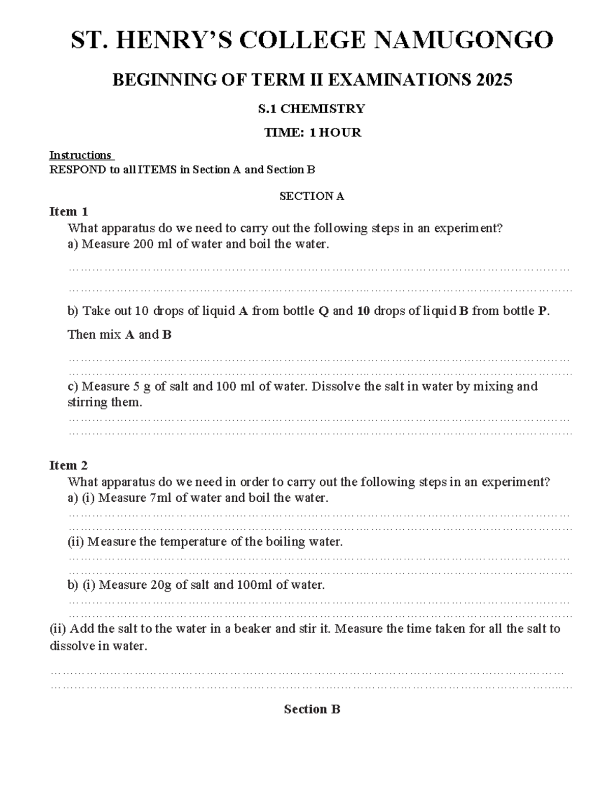 S.1 CHEMISTRY TERM II EXAMINATION 2025 - PRACTICAL QUESTIONS - Studocu