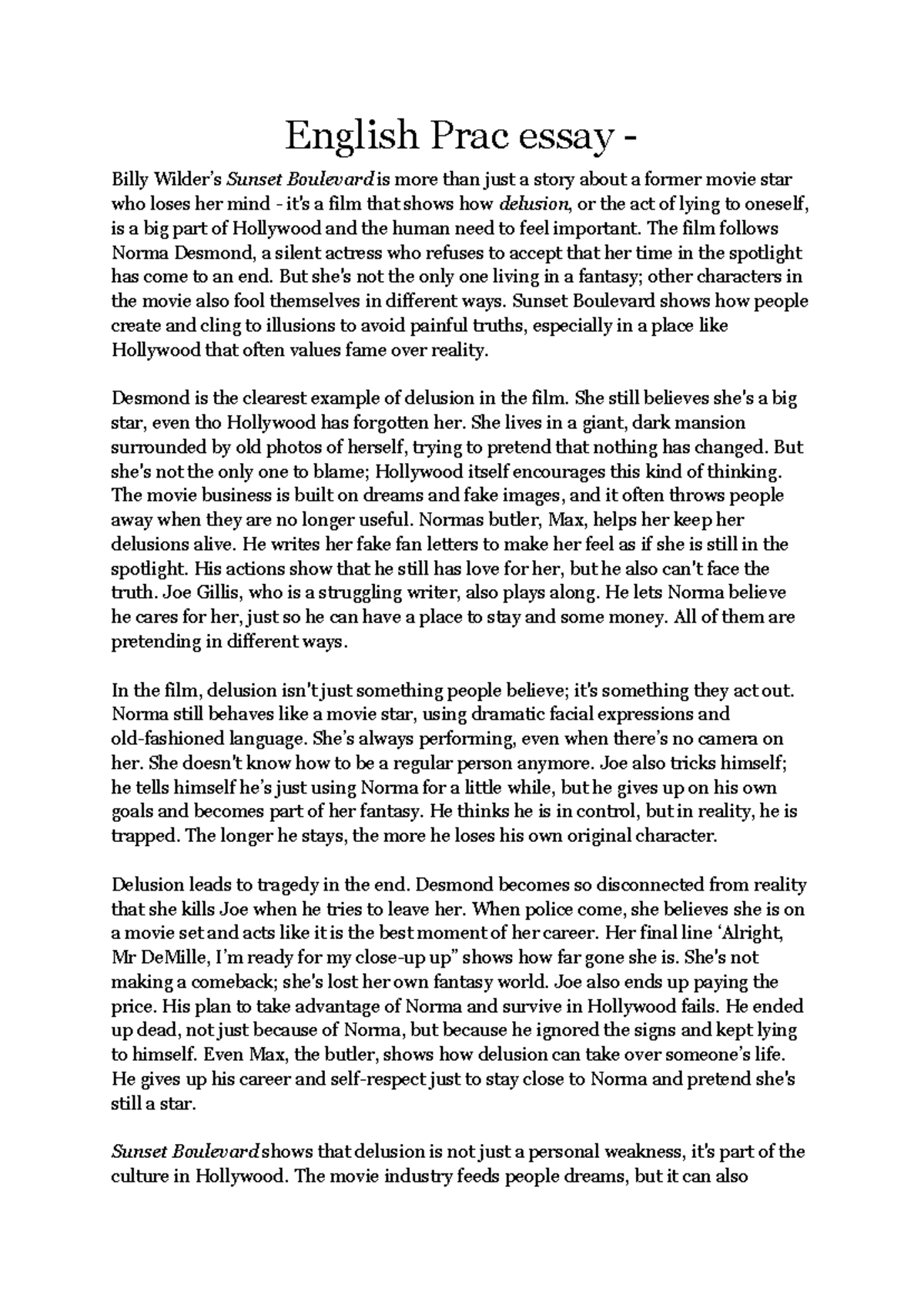 English Prac Essay: Delusion and Reality in Sunset Boulevard - Studocu