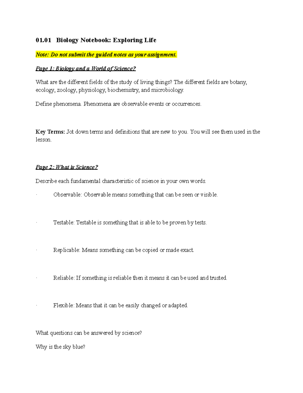 01.01 Biology Notebook: Exploring Life - Guided Notes Overview - Studocu