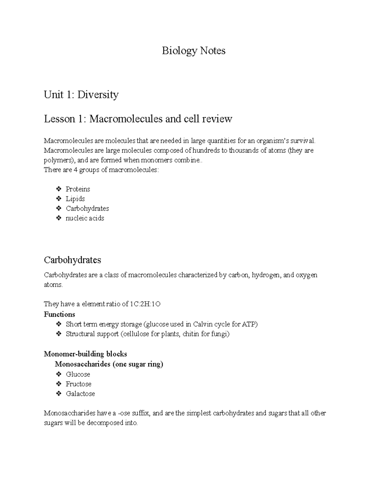 Biology Notes - SBI3UG: Unit 1 Diversity & Macromolecules Overview ...