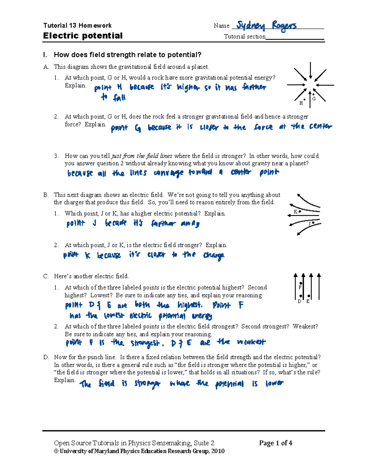 Physics 106 Tutorial 13 Homework: Electric Potential and Field Strength ...