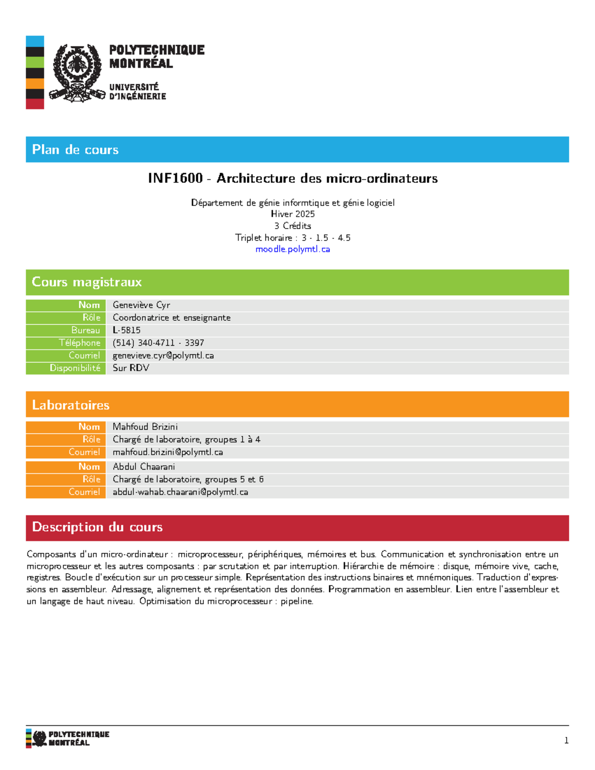 Plan de cours INF1600 H25 - Architecture des micro-ordinateurs Hiver ...