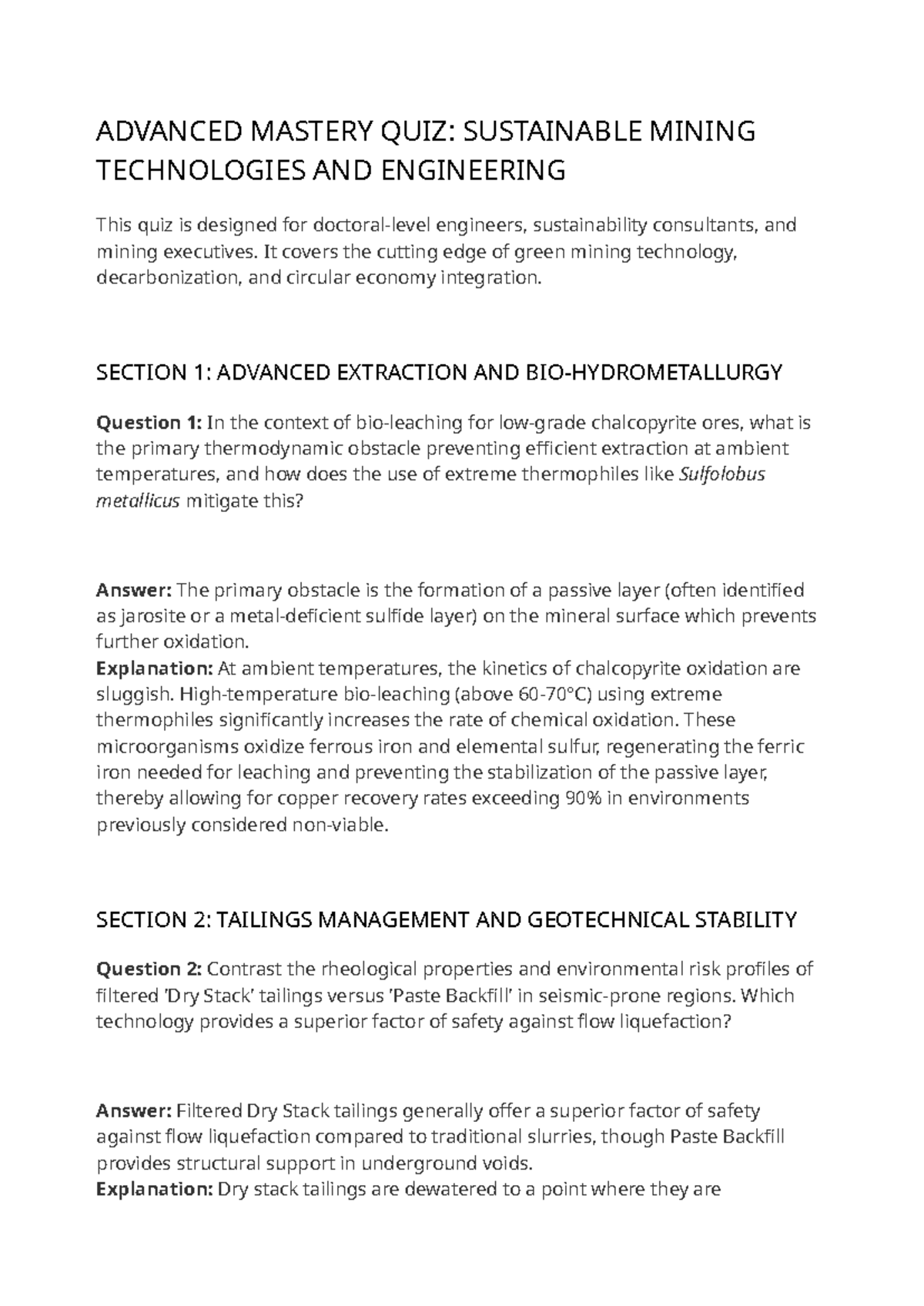 ADVANCED MASTERY QUIZ: SUSTAINABLE MINING TECH & ENG - Studocu
