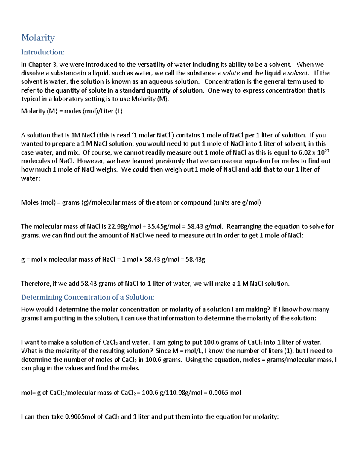 Molarity and Solution Concentration Calculations (CHEM 101) - Studocu