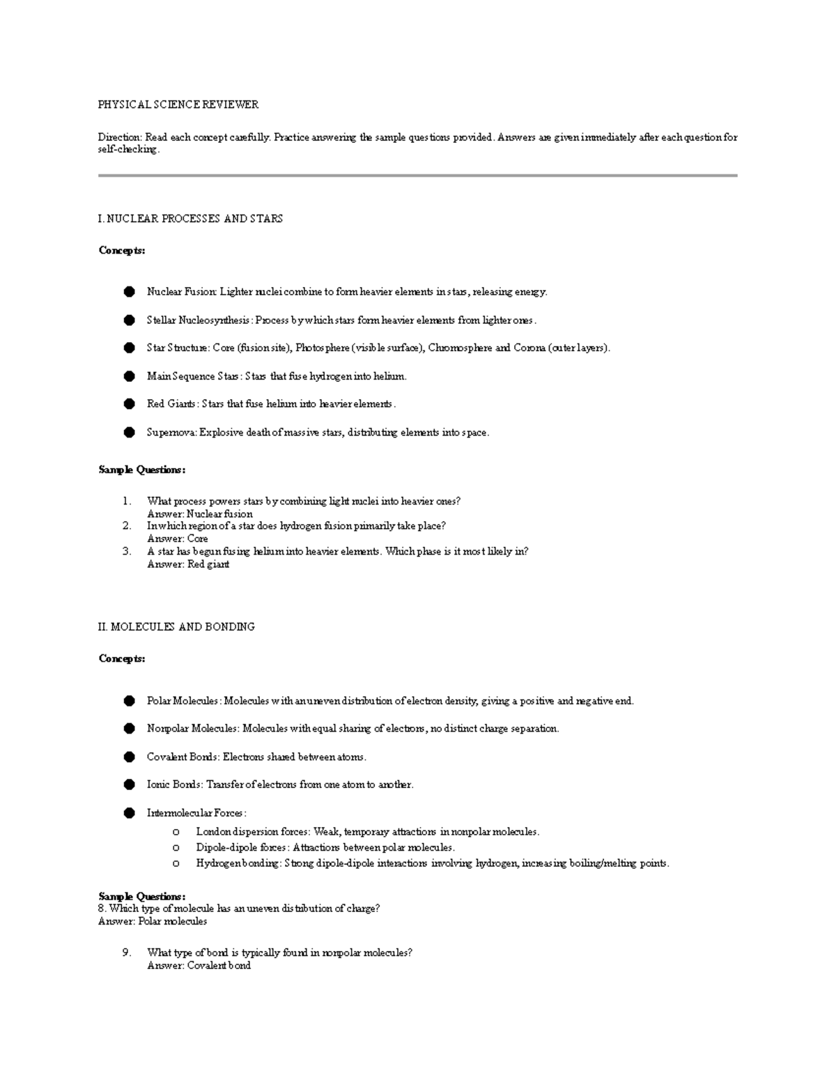 PHYSICAL SCIENCE REVIEWER: Key Concepts & Sample Qs for Exam Prep - Studocu