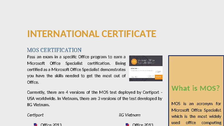 INTERNATIONAL CERTIFICATE: MOS & IC3 Certification Overview - Studocu