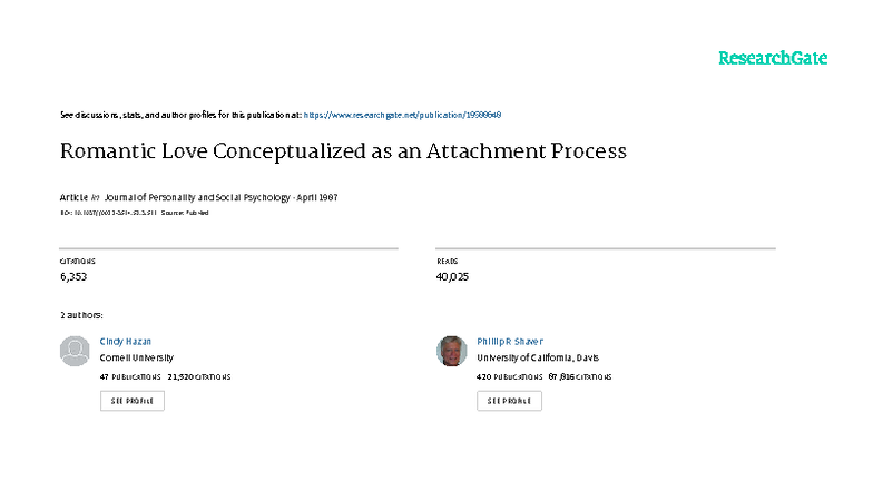 Romantic Love as an Attachment Process: Insights from Psychology (PSY ...