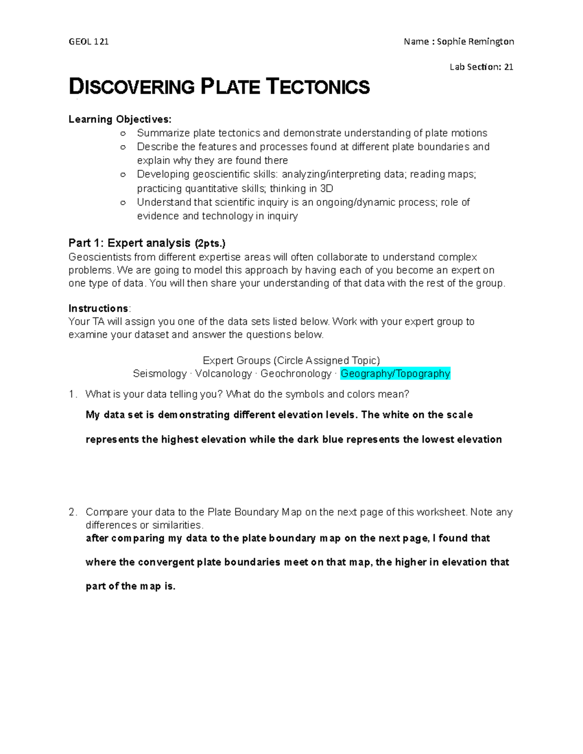 Exploring Plate Tectonics: GEOL 121 Lab Report by Sophie Remington ...