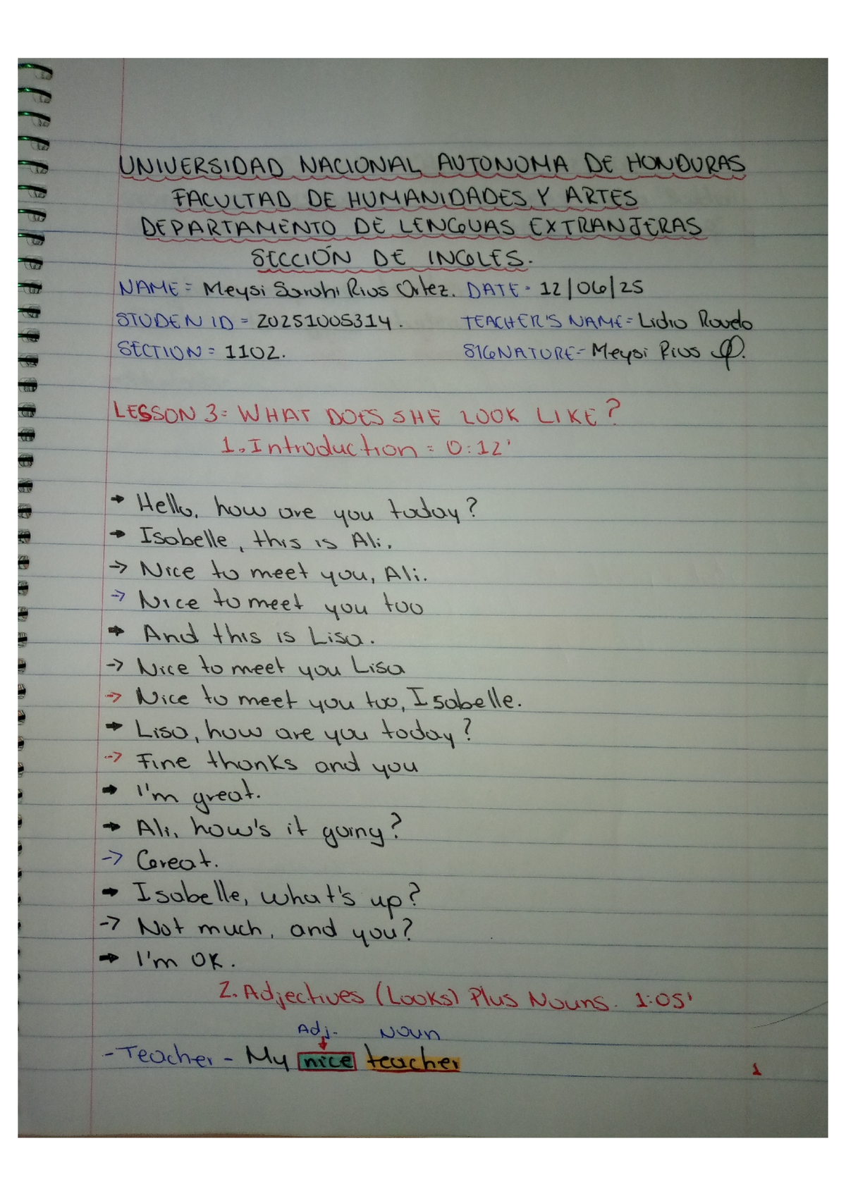 UNAH 1102 Lesson Notes: Describing People and Adjectives - Studocu