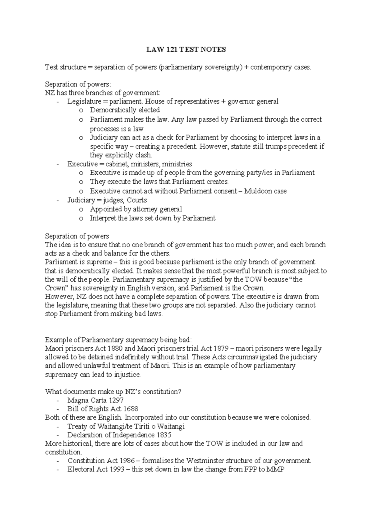 LAW 121 TEST NOTES: Separation of Powers and Parliamentary Sovereignty ...