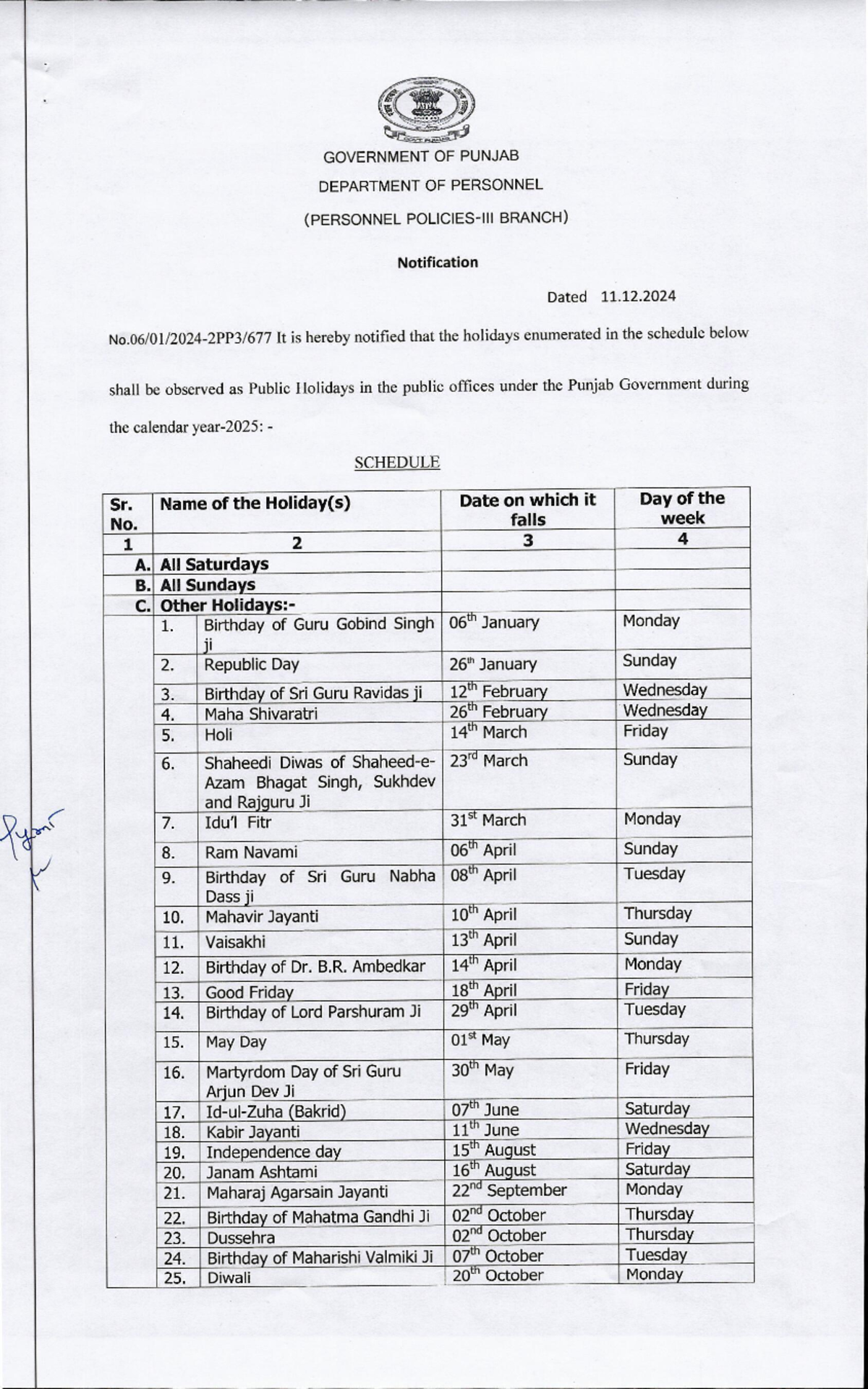 Notification of Public Holidays in Punjab Government for 2025 - Studocu