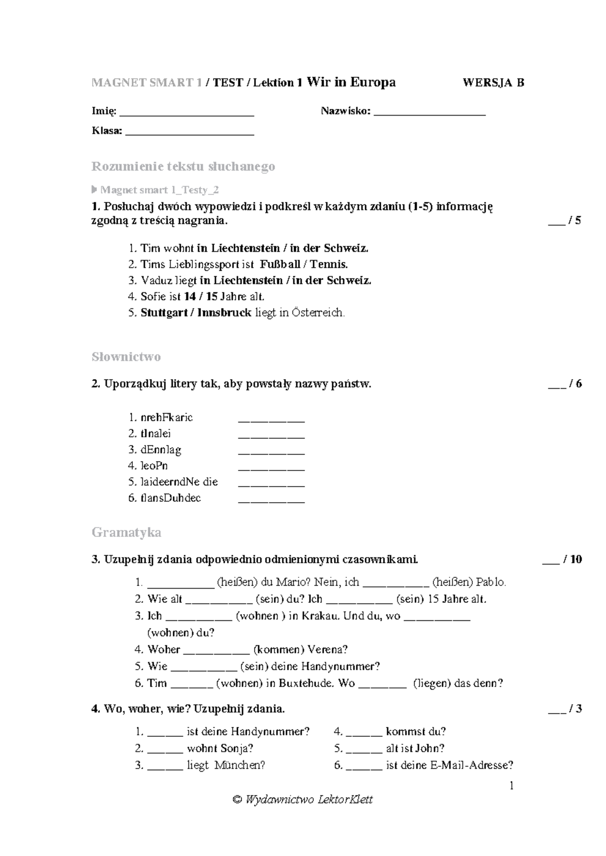 Magnet Smart 1 Test 1 Lekcja 1 Wersja B - Rozumienie i Gramatyka - Studocu