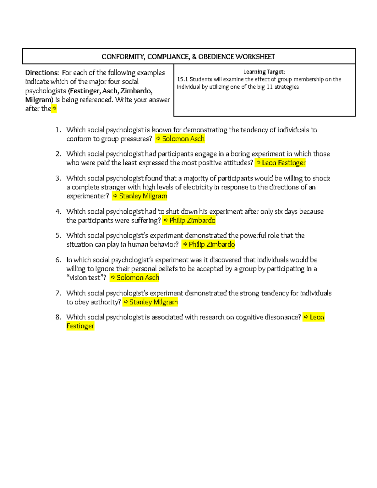 PSY 101: Conformity, Compliance, & Obedience Worksheet - Studocu