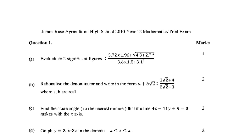 2010 Year 12 Mathematics Trial Exam - James Ruse Agricultural High ...