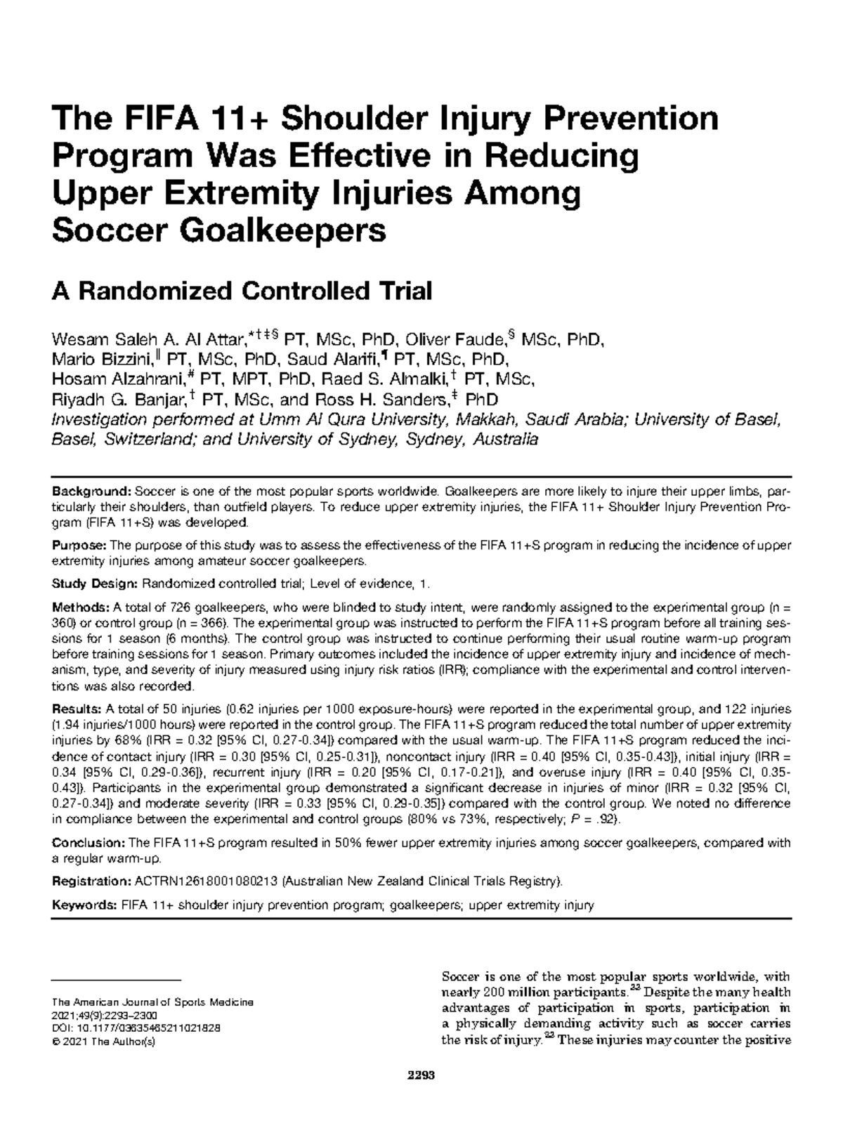 The FIFA 11+ Shoulder Injury Prevention Program: Effectiveness in ...