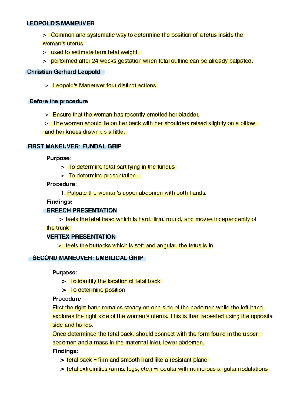 Leopold's Maneuvers: Systematic Fetal Position Assessment Notes - Studocu