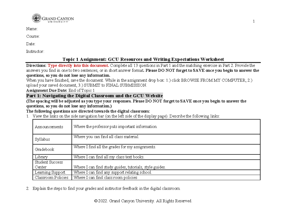 UNV-103 Topic 1 Assignment: GCU Resources & Writing Expectations - Studocu