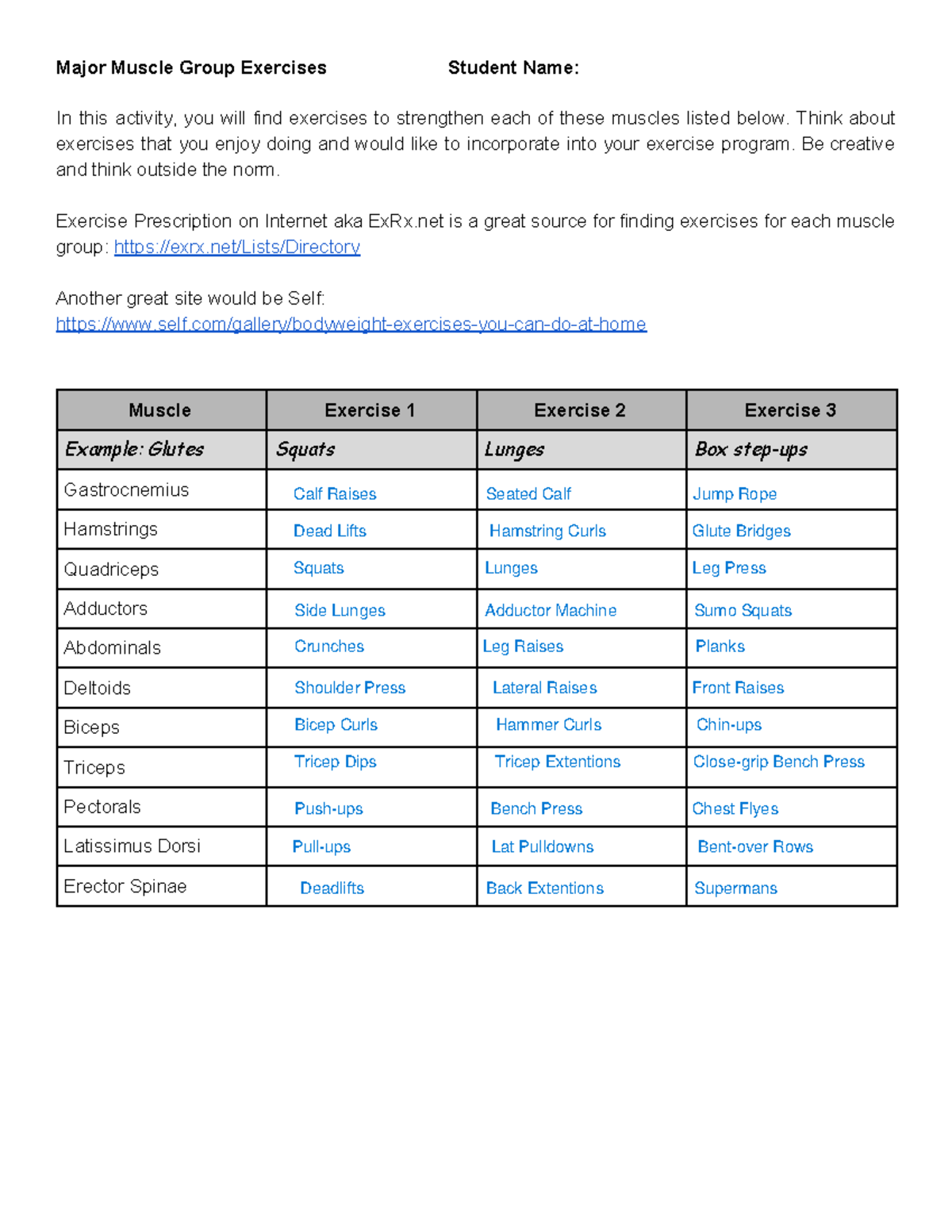 Muscle Exercises - Major Muscle Group Exercises Student Name: In this ...