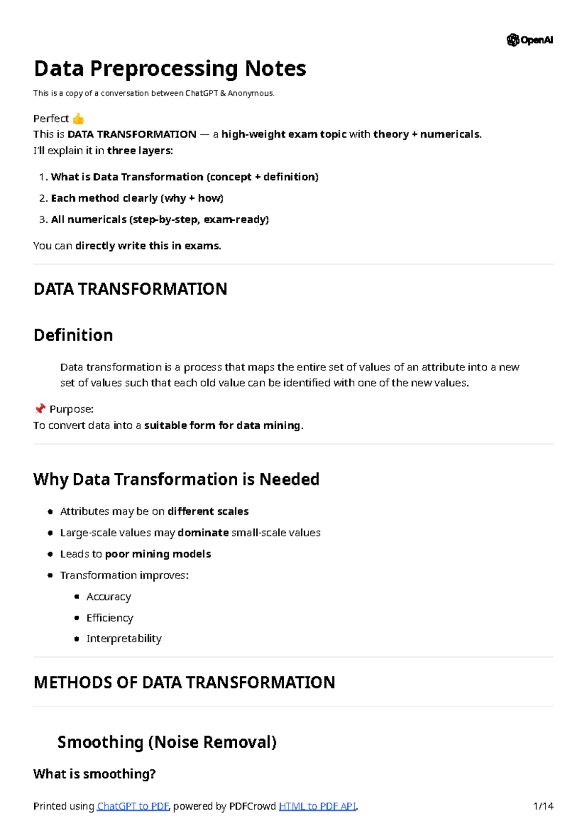 Data Preprocessing Notes: Data Transformation Methods and Examples ...