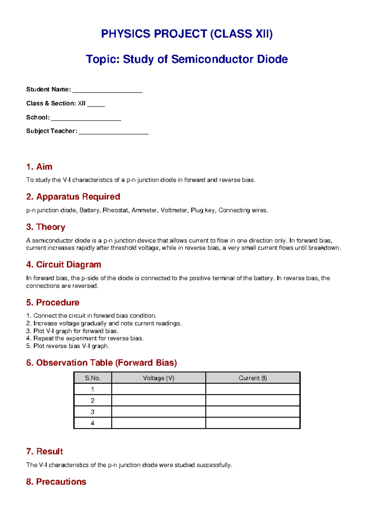 PHYSICS PROJECT (CLASS XII): Characteristics of Semiconductor Diode ...