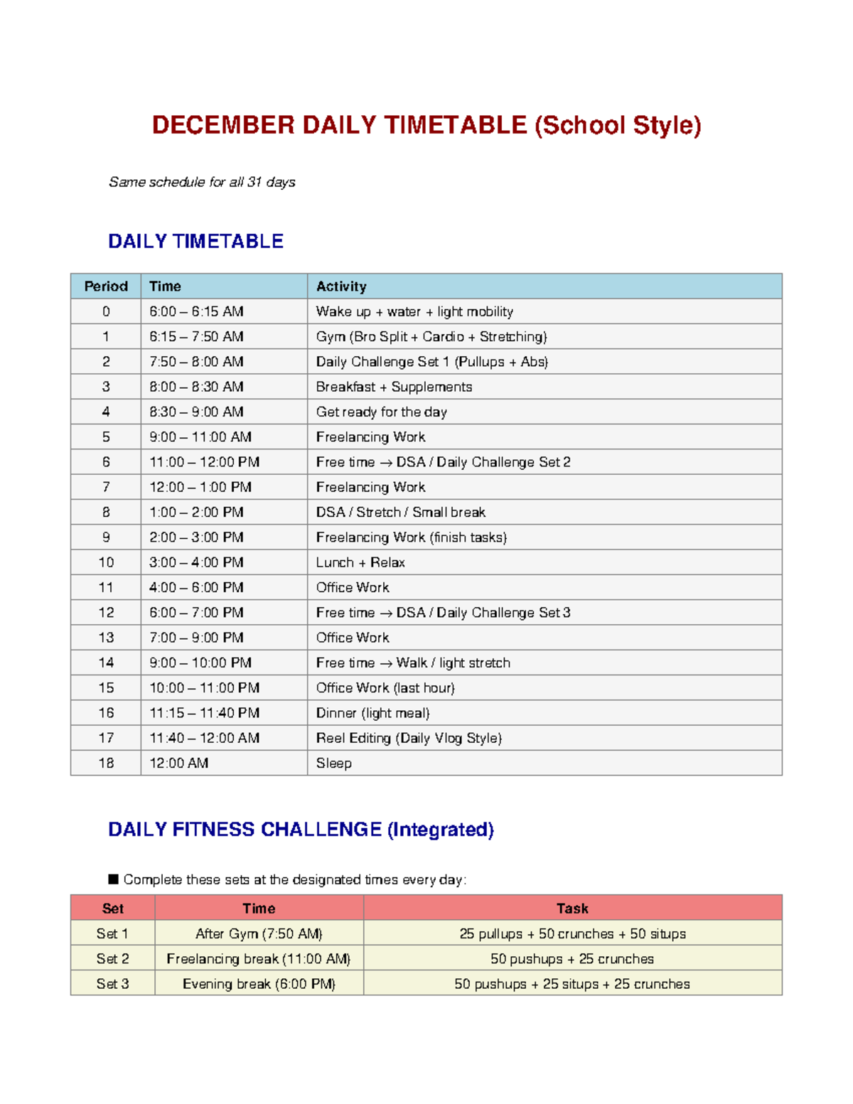 December Daily Timetable & Fitness Challenge Overview - Studocu
