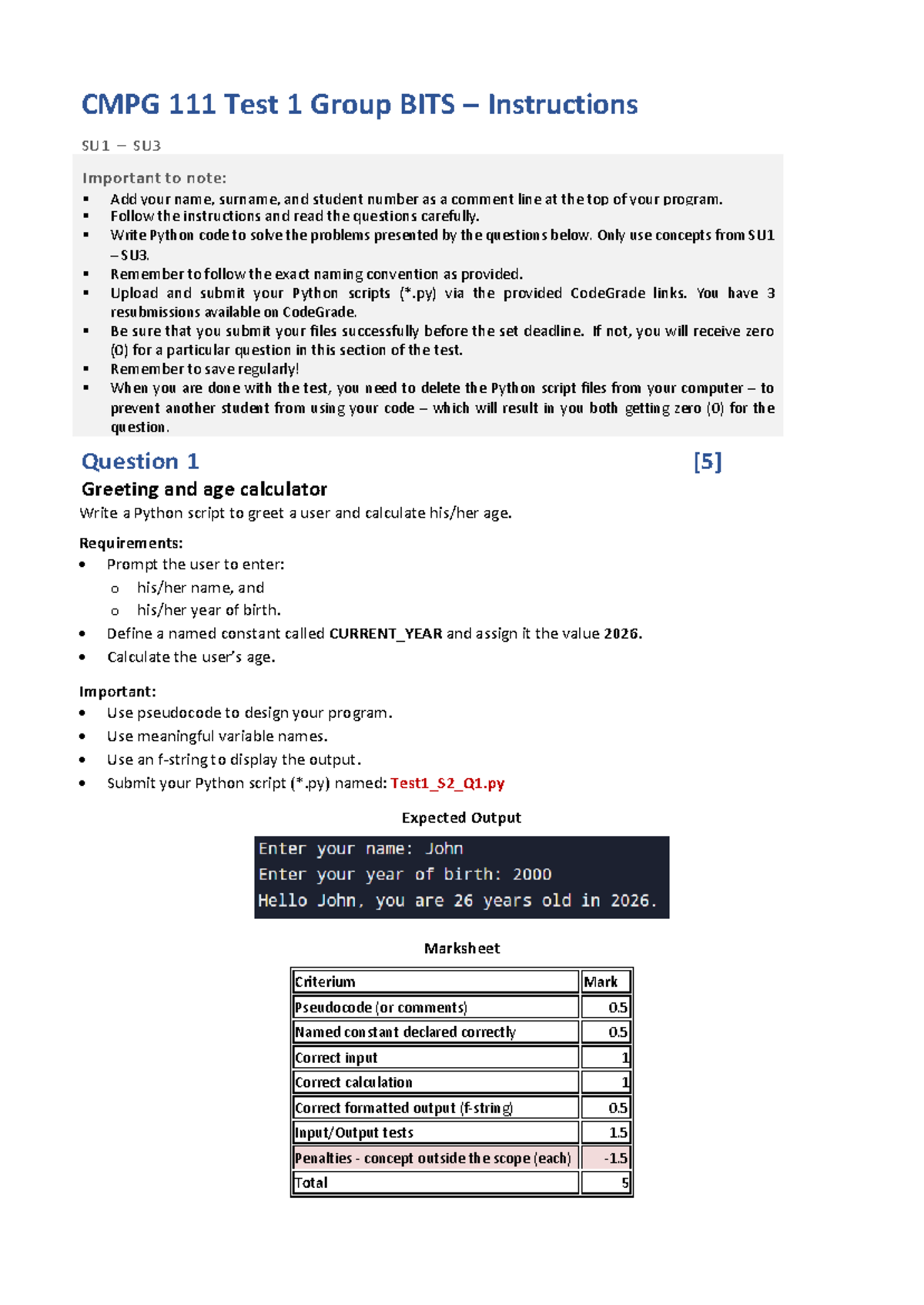 CMPG Test 1 Instructions: Python Programming for SU1 SU3 - Studocu