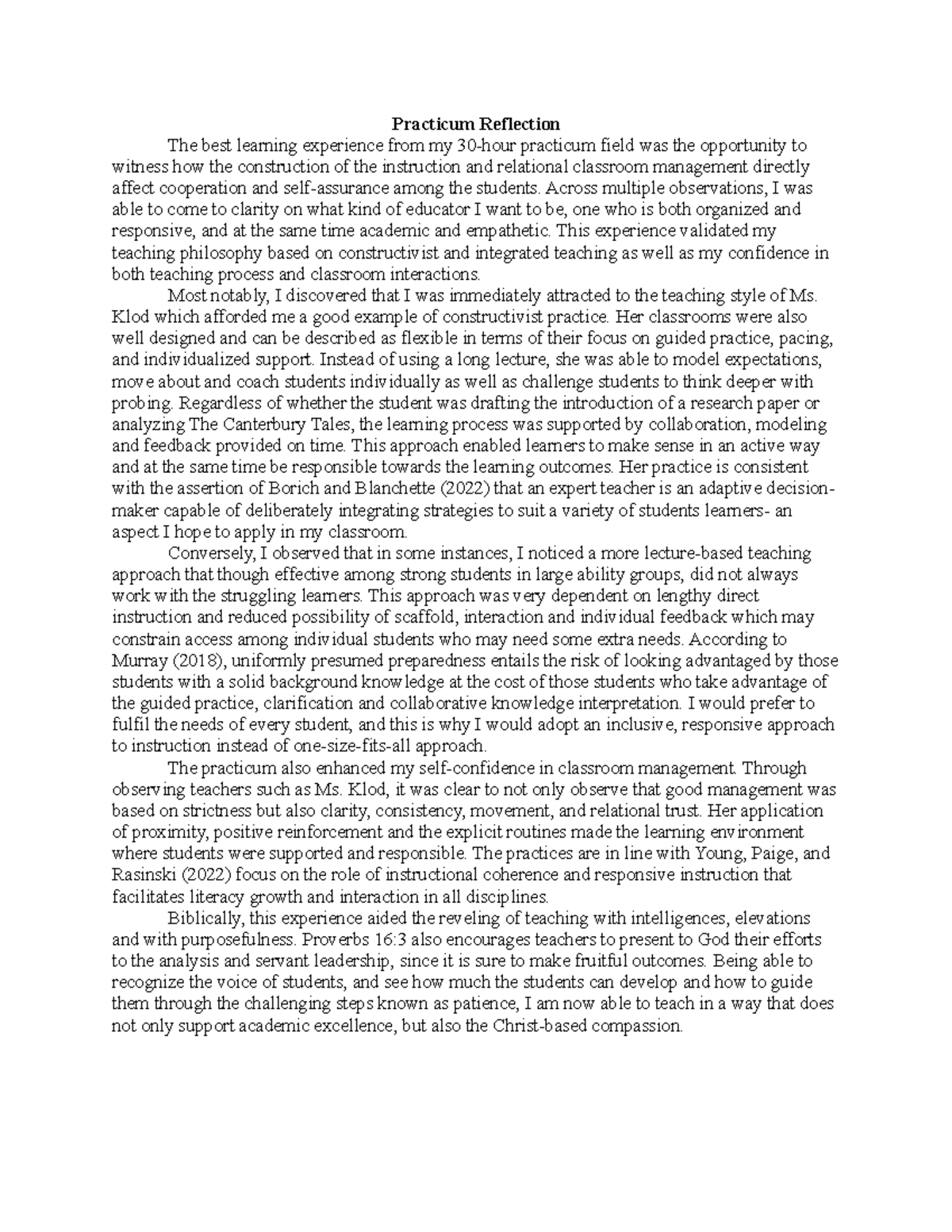 EDU 301 Practicum Reflection: Insights on Classroom Management and ...