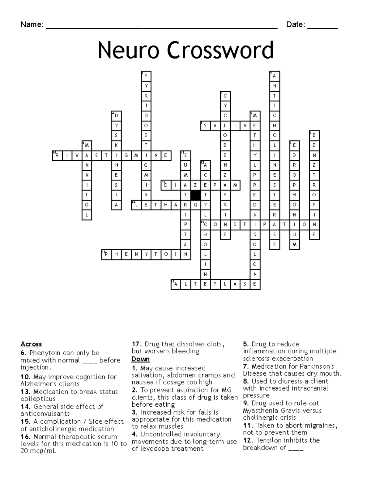 Neuromuscular Crossword Puzzle - Name: Date: Neuro Crossword 1 2 P Y N ...