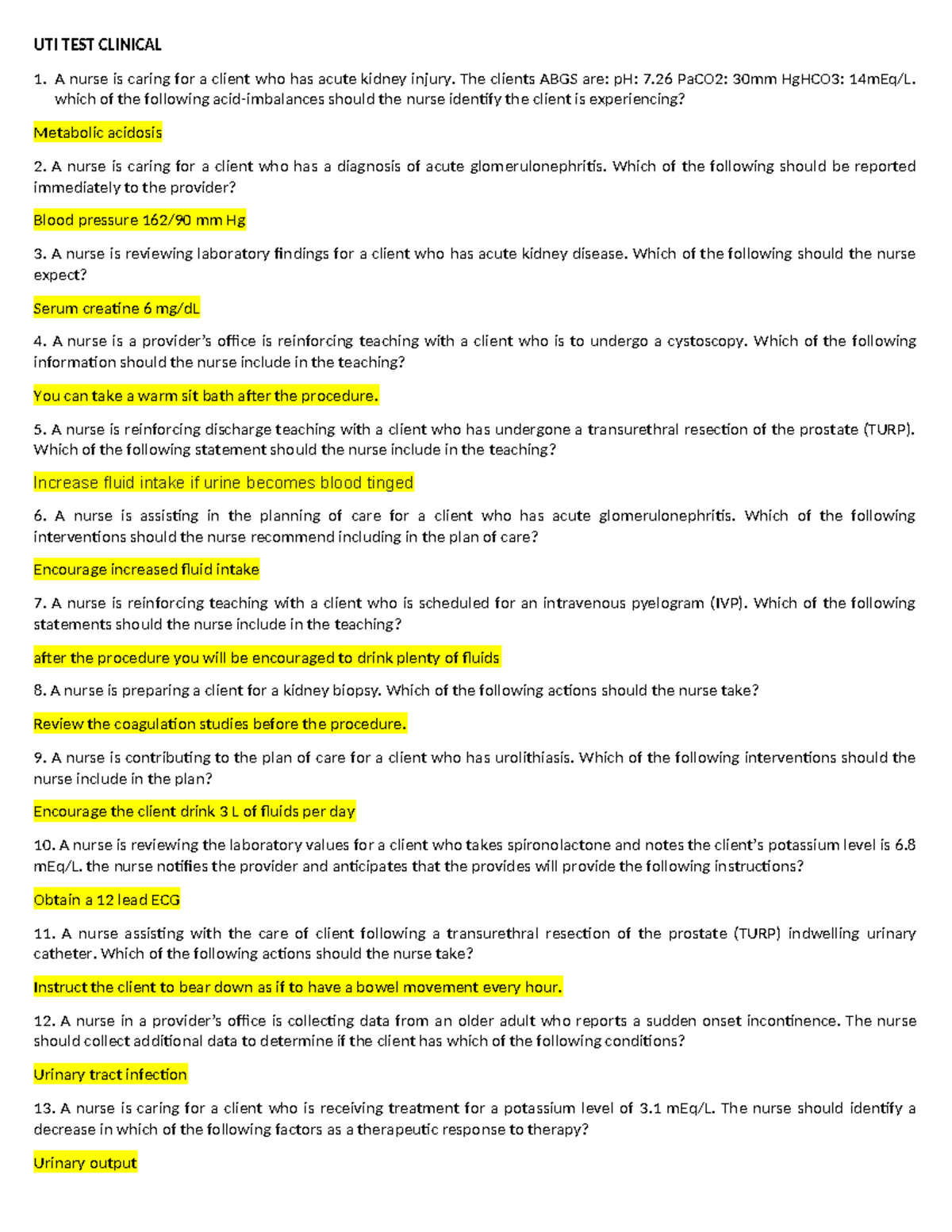 UTI TEST CLINICAL - Practice Questions & Nursing Care Strategies - Studocu