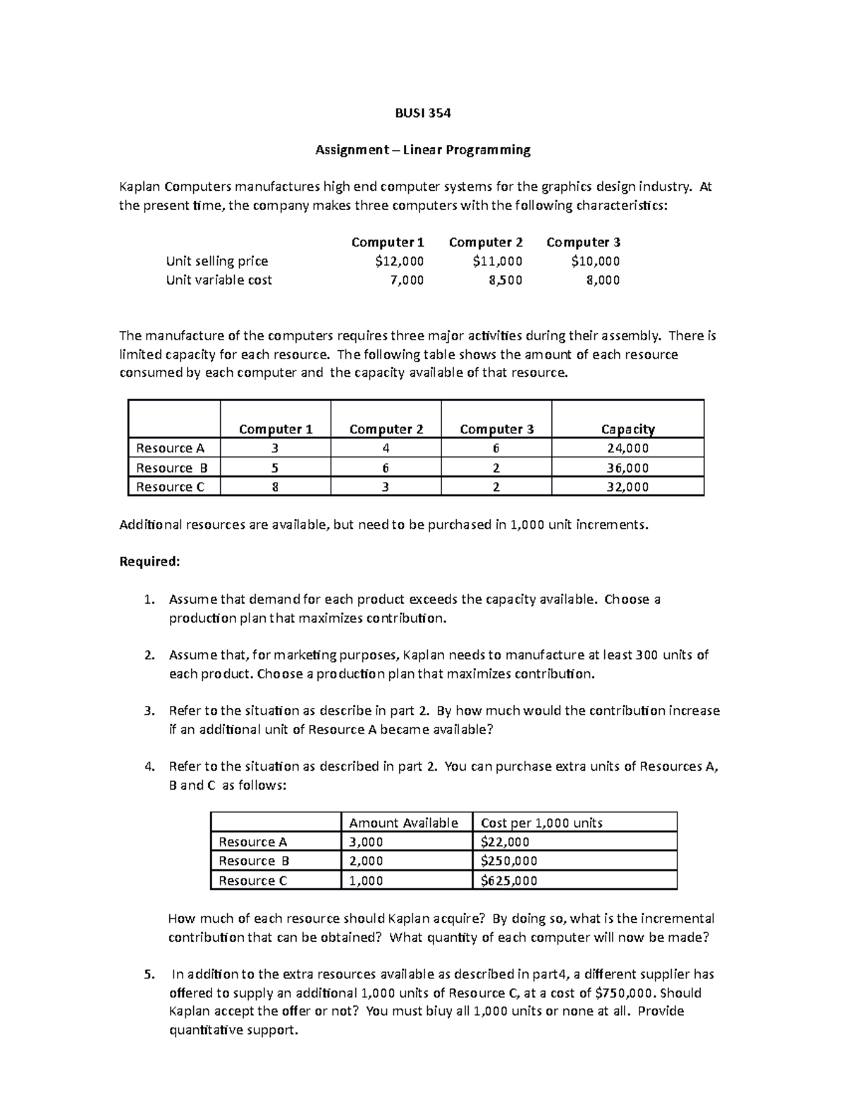 BUSI 354 - Assignment 1: Linear Programming Analysis and Solutions - Studocu