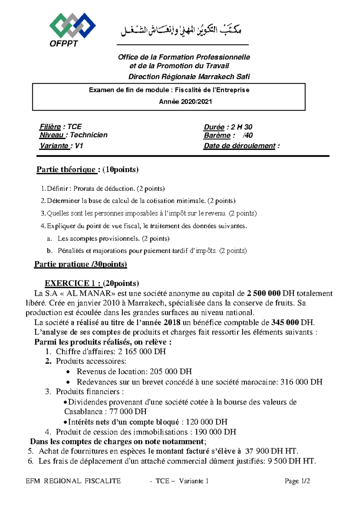 EFM TCE Examen de Fin de Module : Fiscalité de l'Entreprise V1 - Studocu