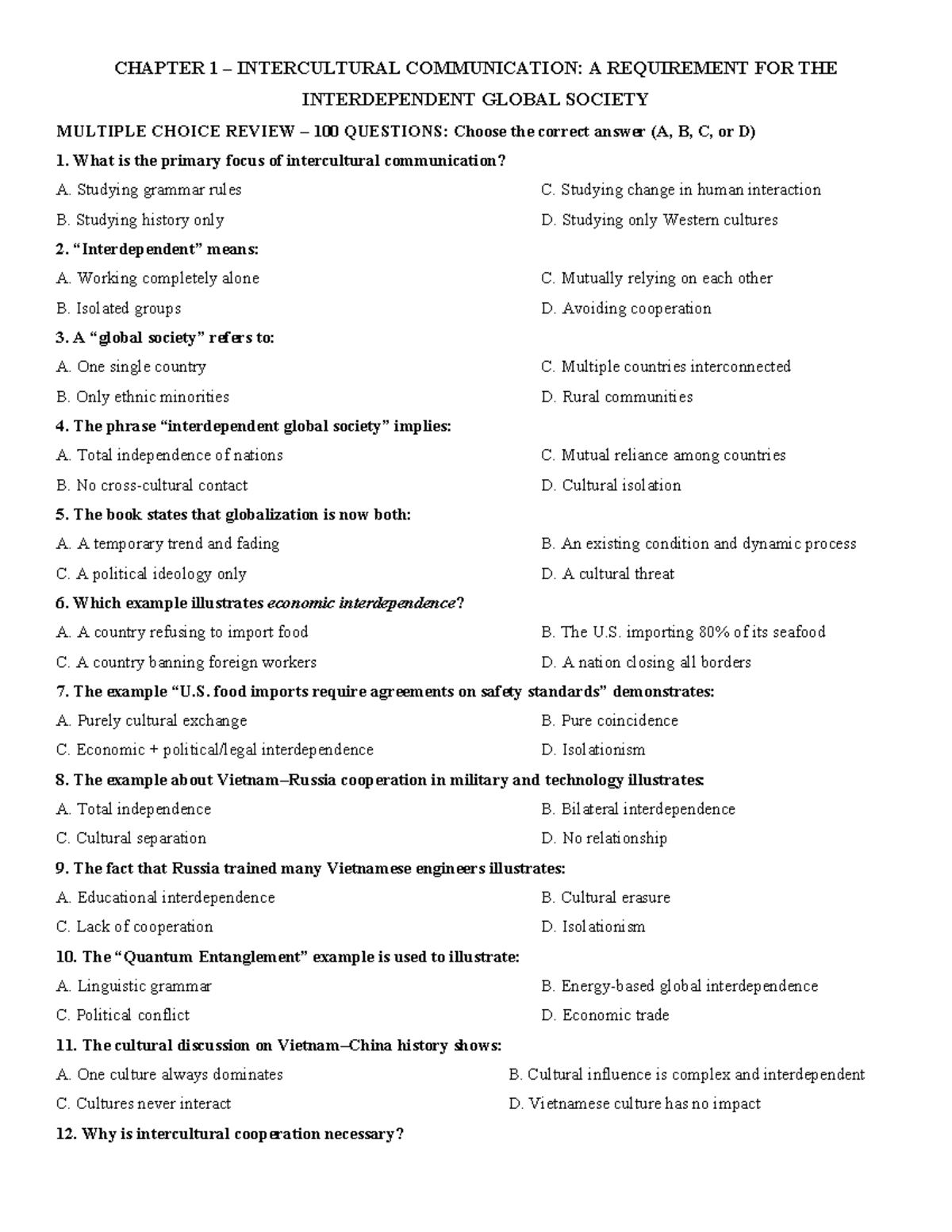 CHAPTER 1 REVIEW: INTERCULTURAL COMMUNICATION MULTIPLE CHOICE QUESTIONS ...